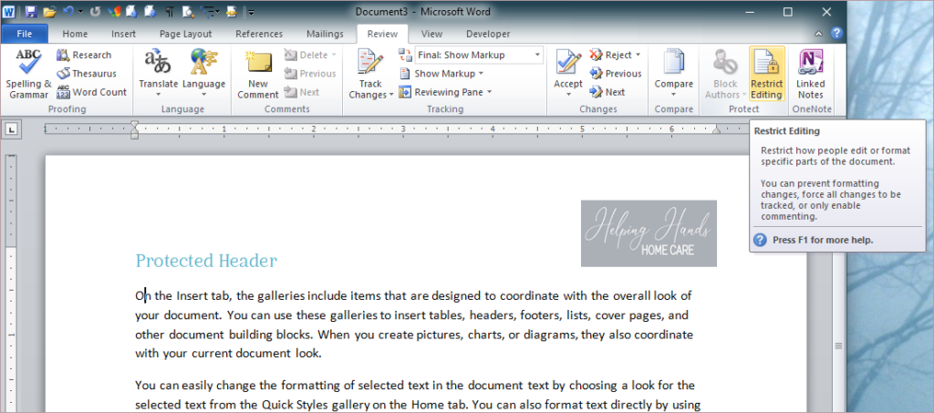 Lock headers and footers in Word document